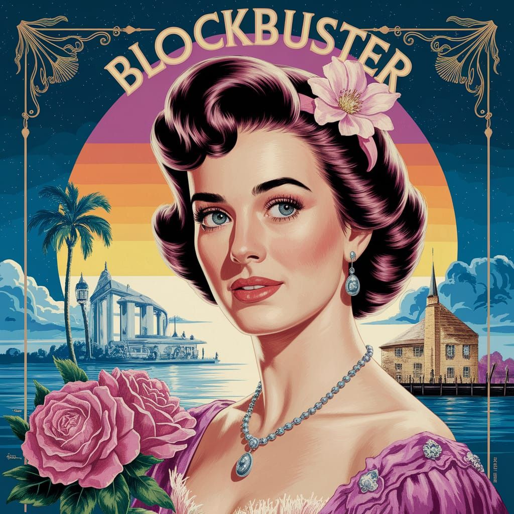 Whimsical Retro Blockbuster, movie poster, woman, ... - AI Art