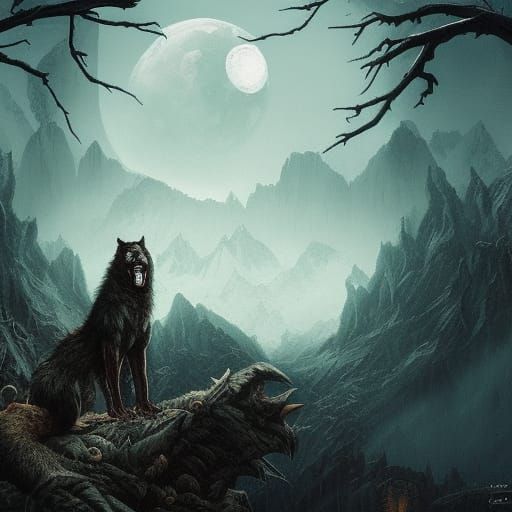 "Werewolf, fur, big teeth, blood, mountains, hungry, dangerous, wild ...