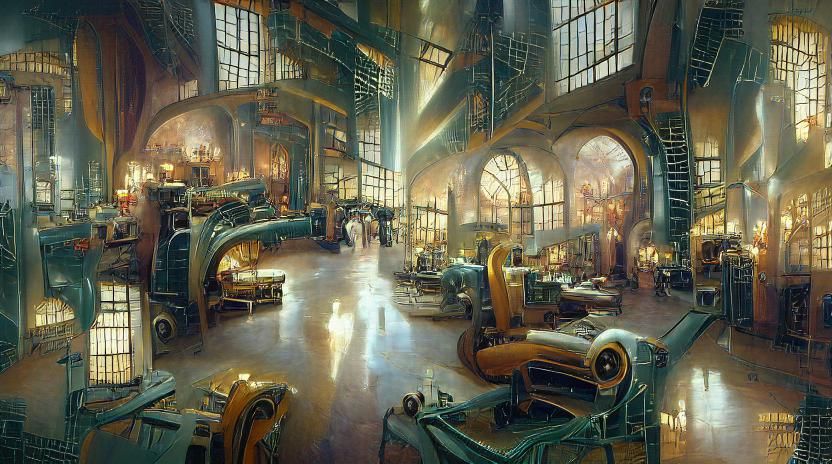 A beautiful painting of the interior of art deco factory filled with ...