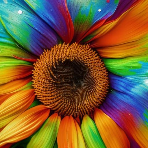 close up of a sunflower with individual colours of the rainbow on each ...