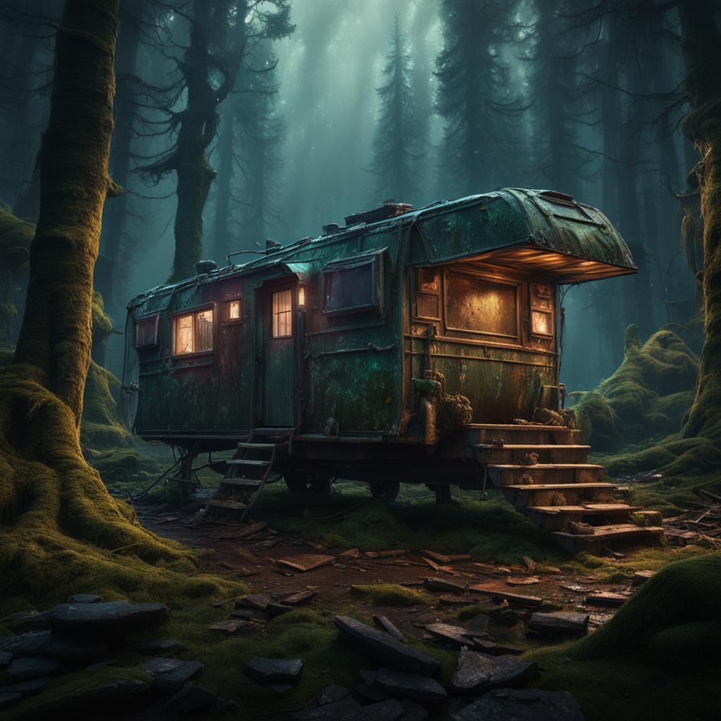 run down double wide trailer up on blocks in the middle of a dark ...