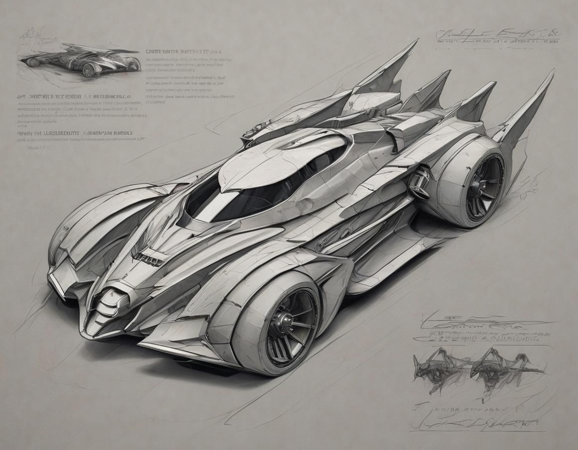 full calligraphy a sketch of a futuristic Batmobile concept design, bio ...