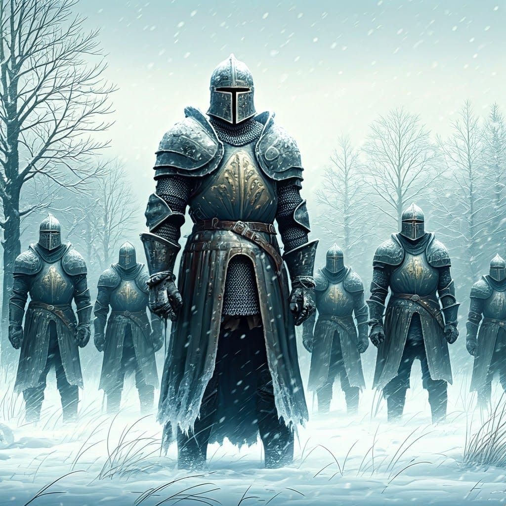 Knights in Majestic Frost-Encrusted Armor Stand Vi... - AI Art