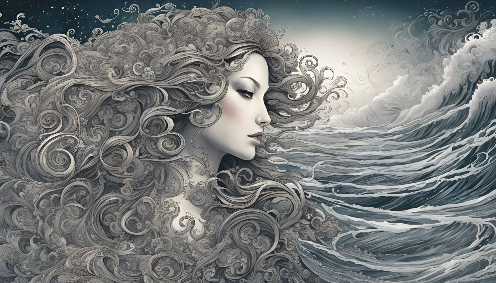 intricately detailed lady of the ocean, stands in crashing wave with ...