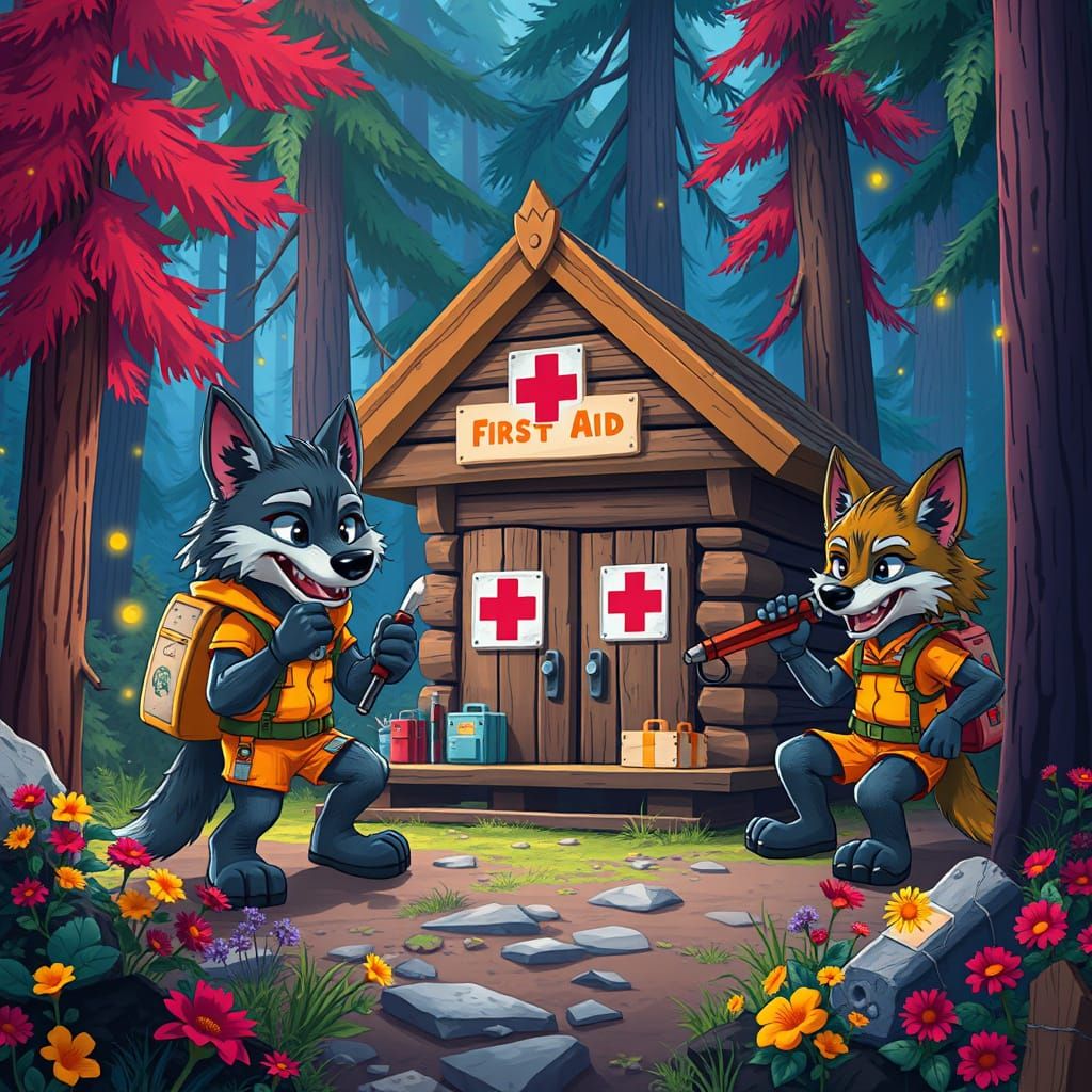Whimsical Werewolves Build a Summer Camp First Aid... - AI Art