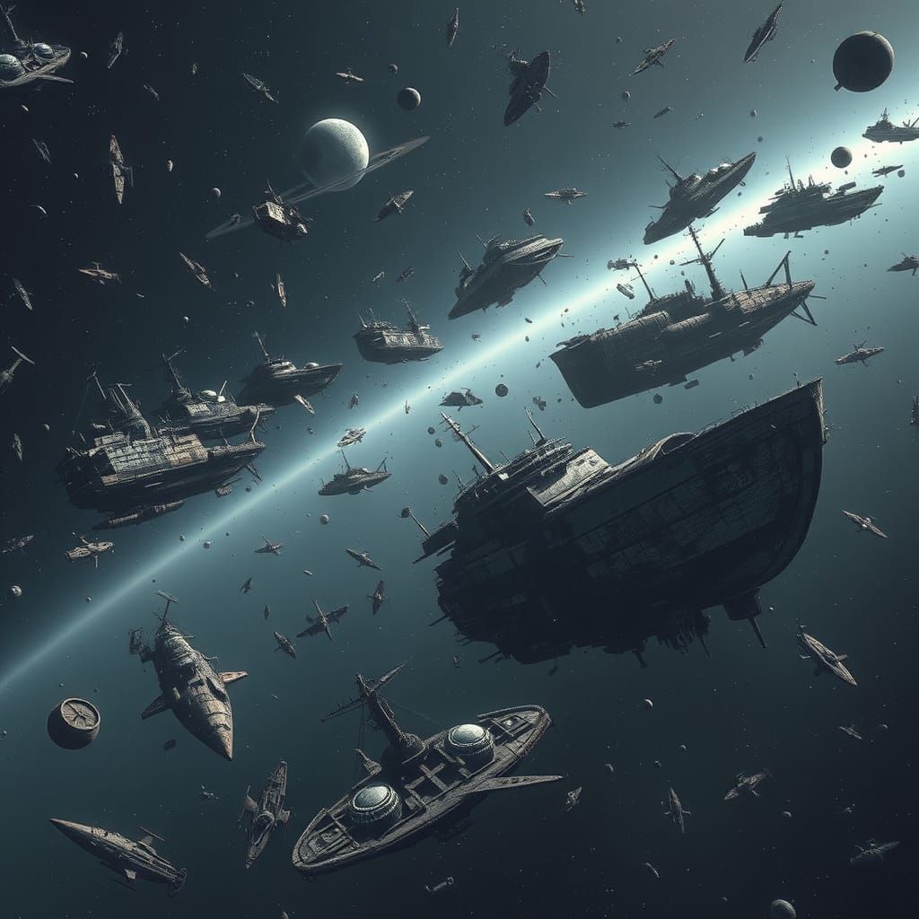 Abandoned Space Graveyard with Shattered Hulls and... - AI Art