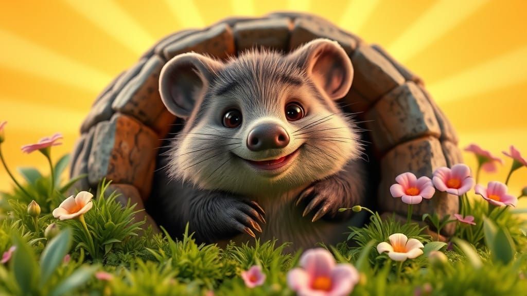 3d Animated cute wombat emerging from a burrow