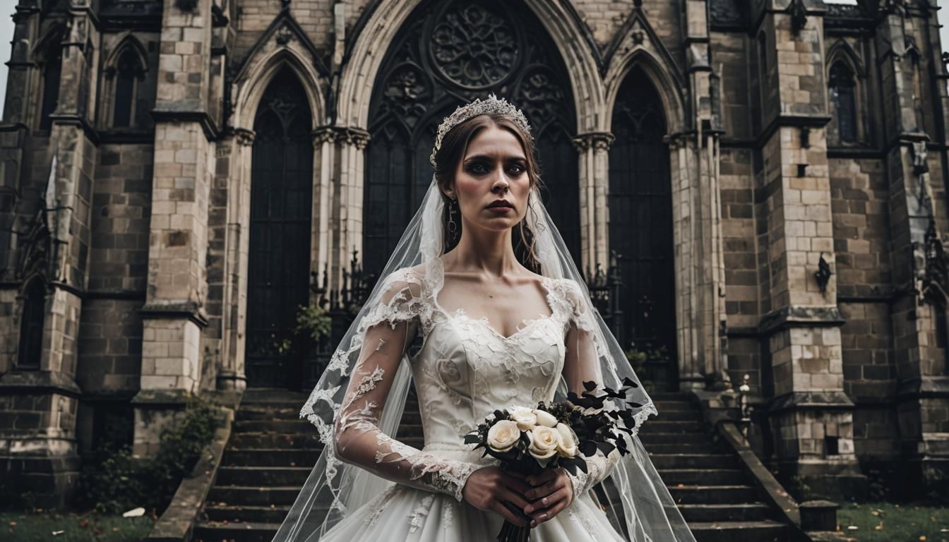 A forlorn Gothic bride waiting for her groom outside a Gothic church ...