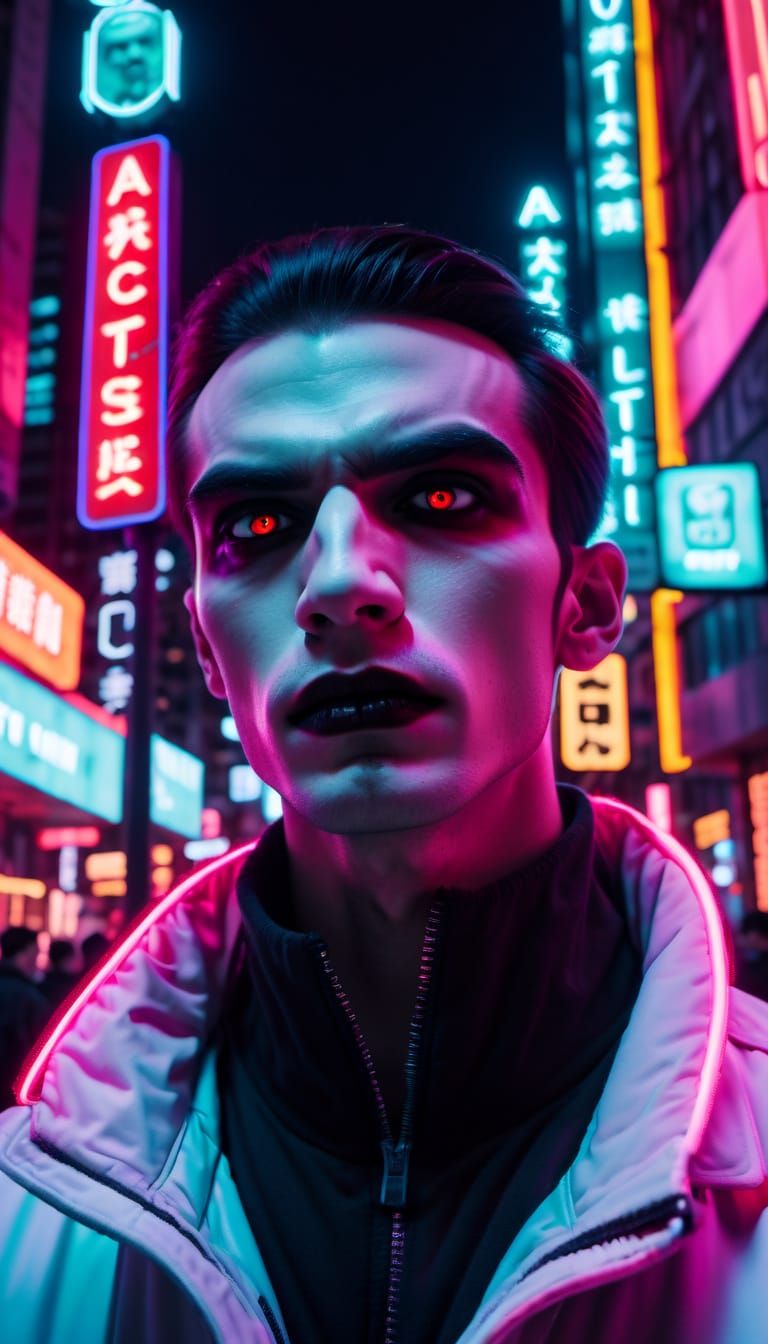 Gothic Vampire Influencer in Neon Cityscape - AI Art