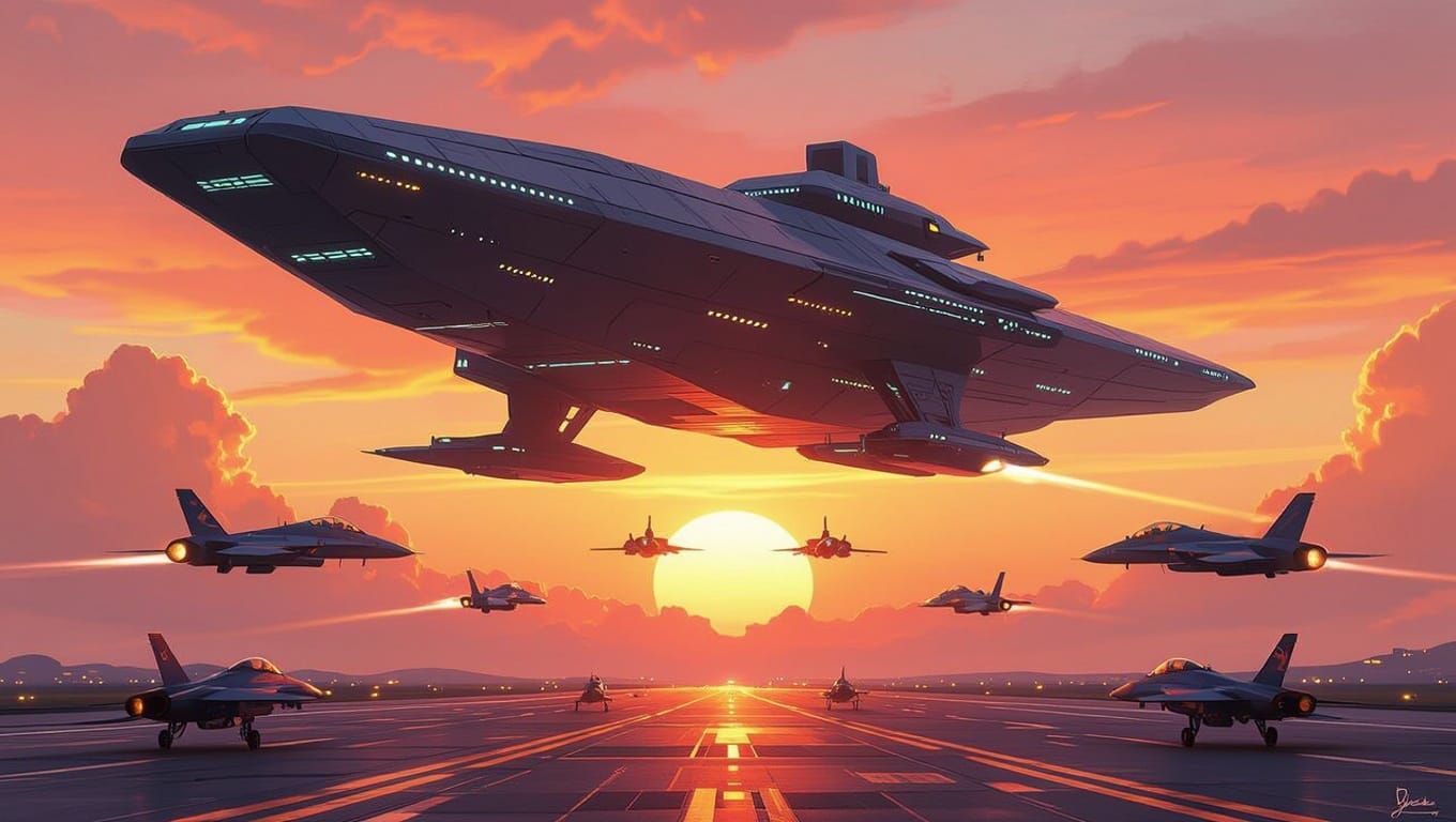 A massive spacecraft carrier hovers above the ground launching fighter ...