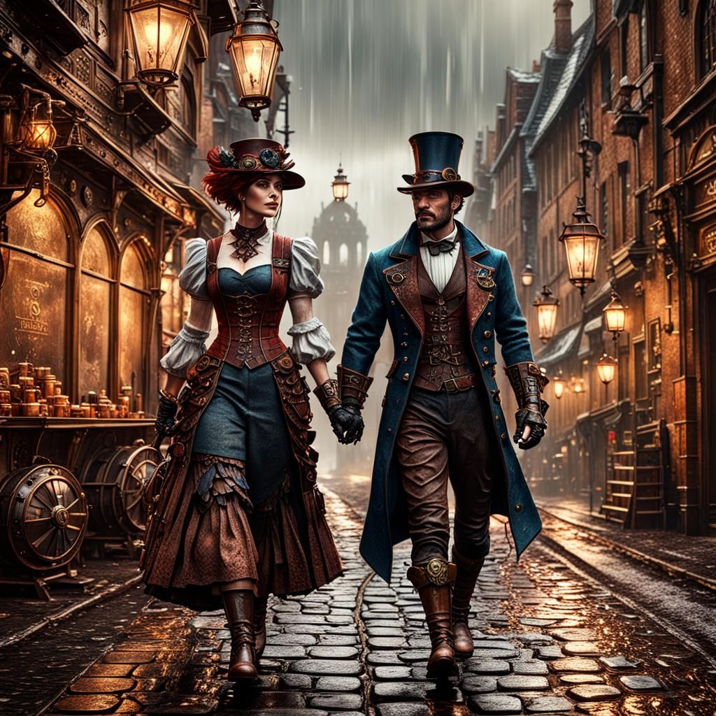 Steampunk couple, walking on the cobblestone street as it rains - AI ...
