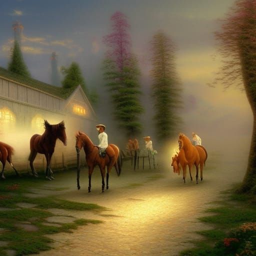 horses in a stable ethereal fantasy hyperdetailed mist Thomas Kinkade ...