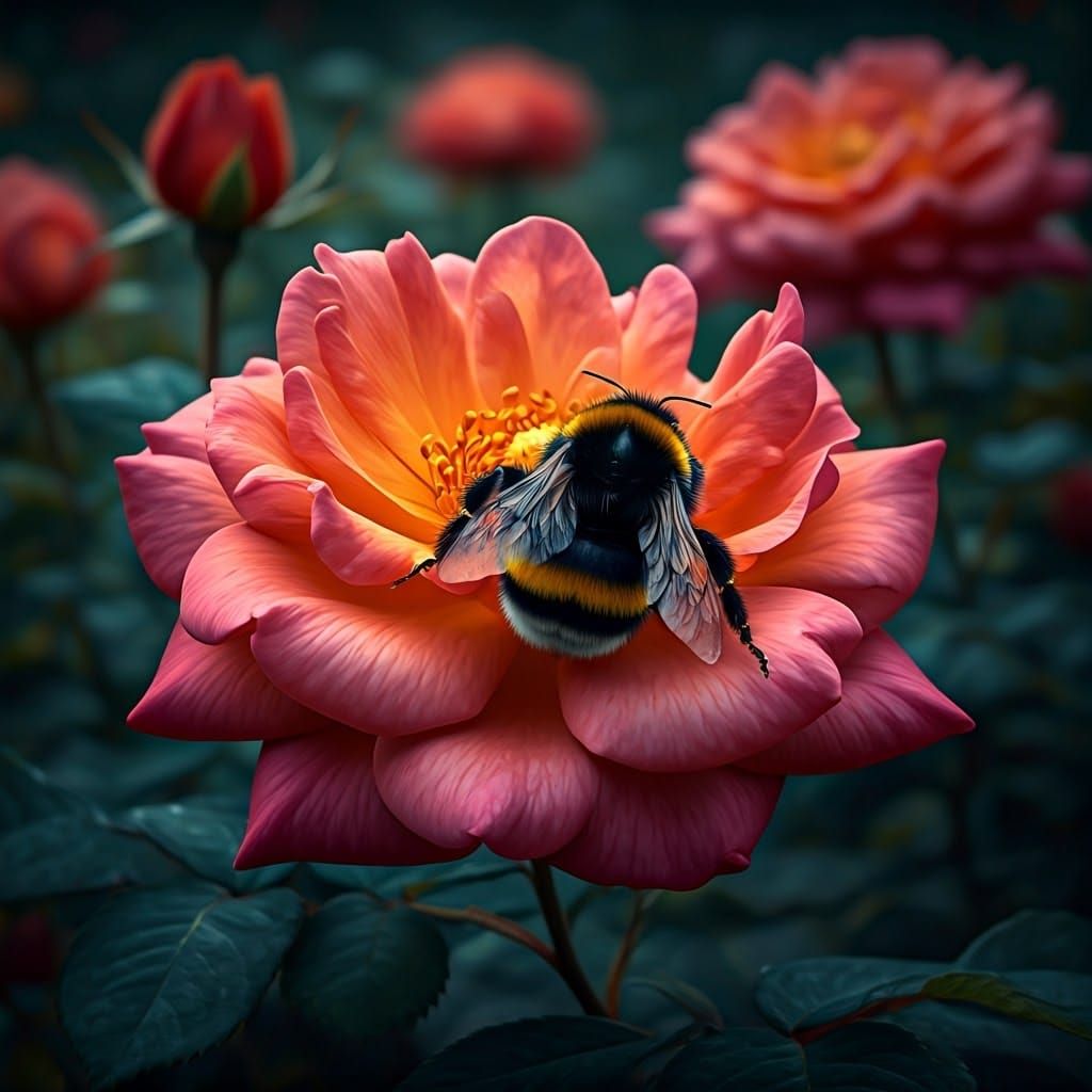 Pollinating Roses - Ethereal Bumblebee Garden Blooms in Spri...