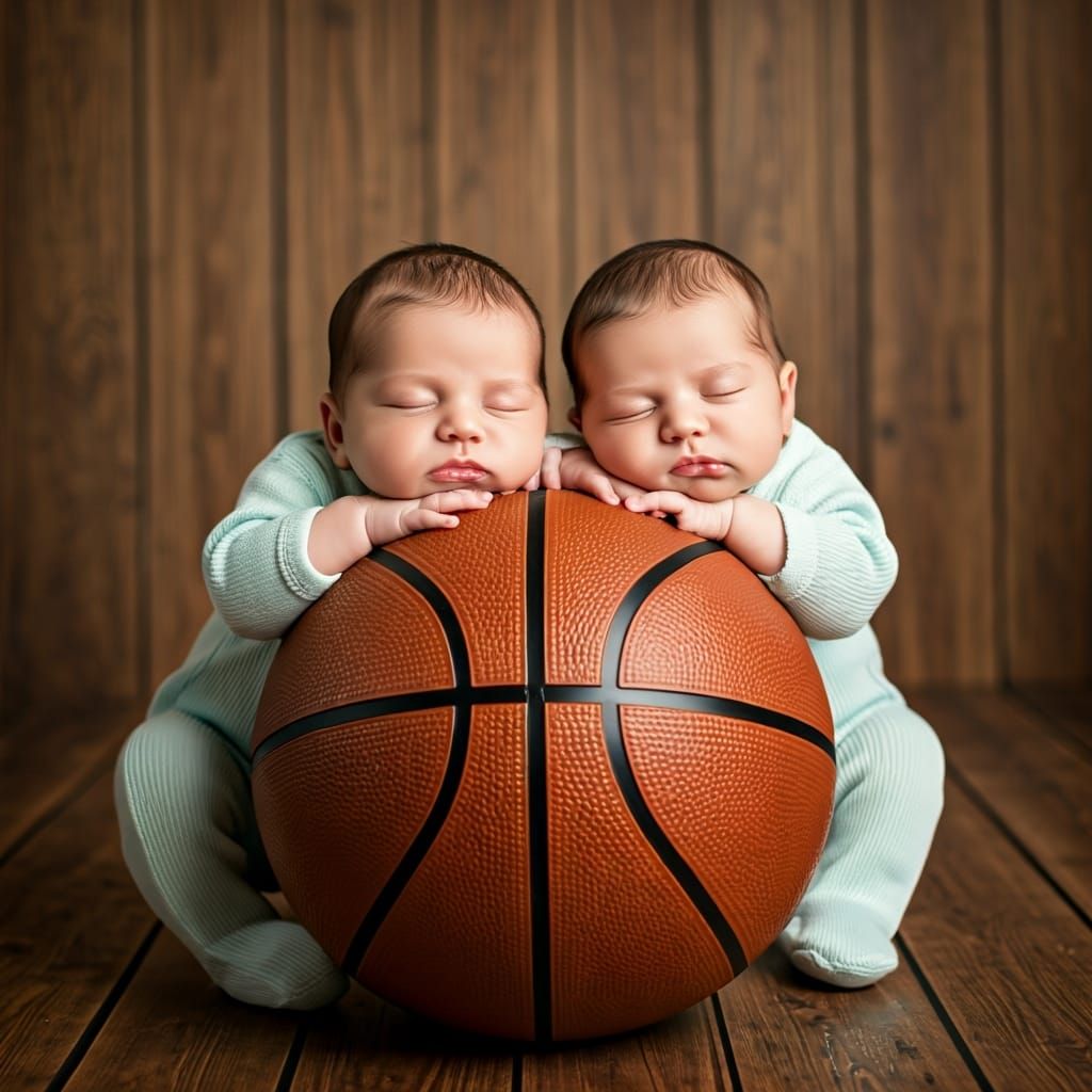 Double Dribble - Twin Babies Sleeping on Basketball as Port...