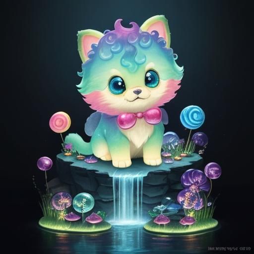 adorable cute chibi baby furry Puppy with a bioluminescent Waterfall in ...