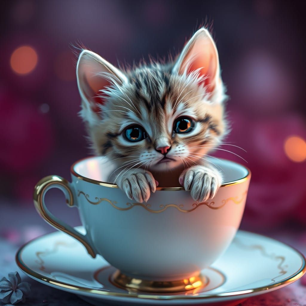 Tiny Kitten in Teacup with Fantastical Details - AI Art