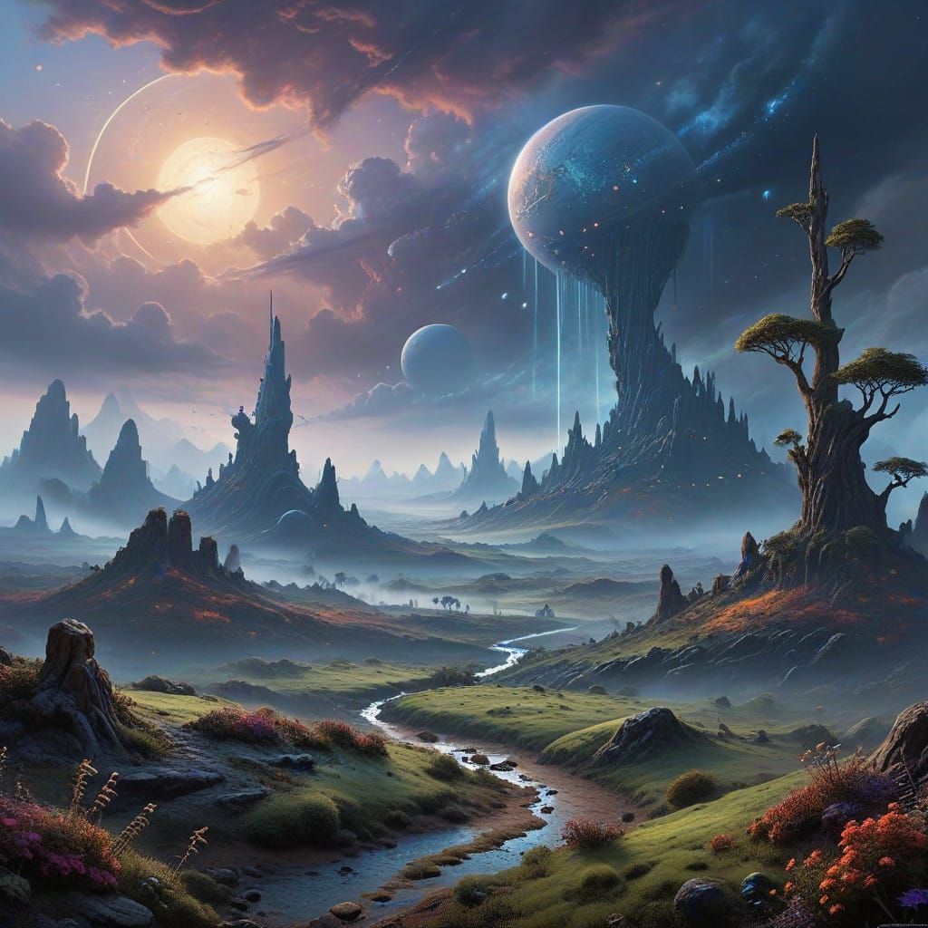 Ethereal Clay Planet Revealed with Celestial Satel... - AI Art