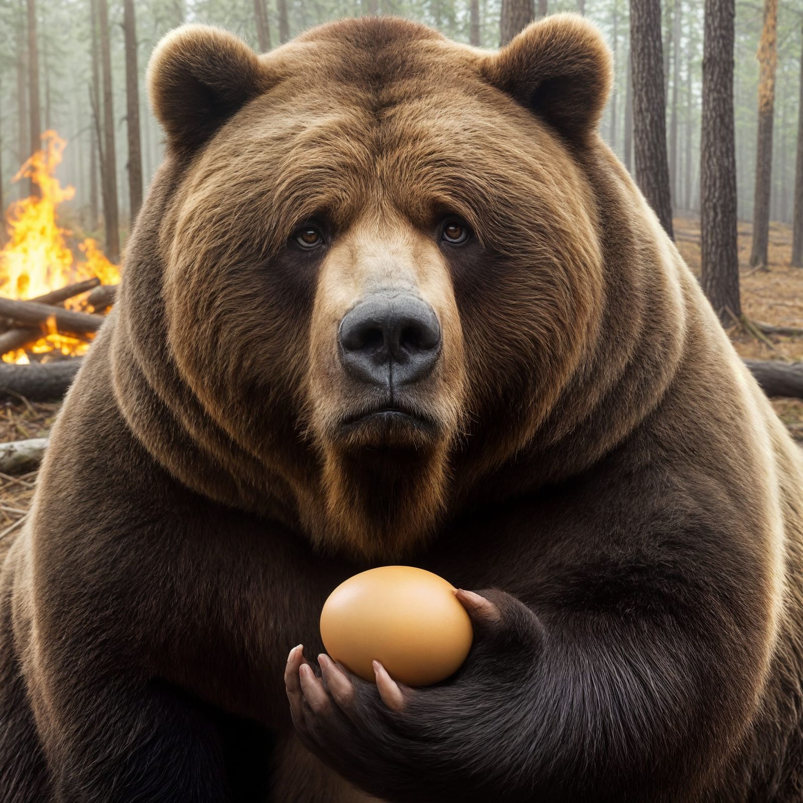 Disgusted Kodiak Bear Holds Egg Amidst Burning For... - AI Art