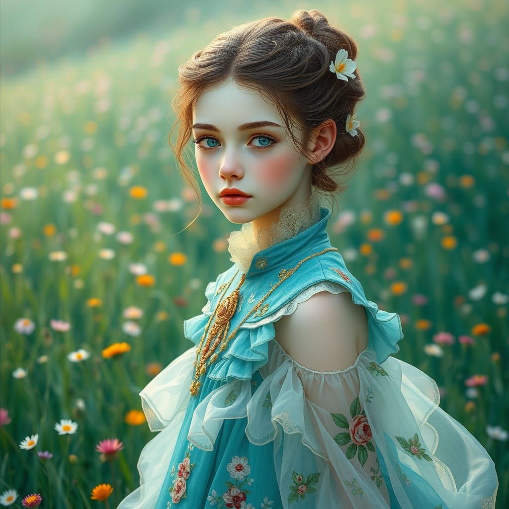 Ethereal Maiden in Idyllic Meadow - AI Art