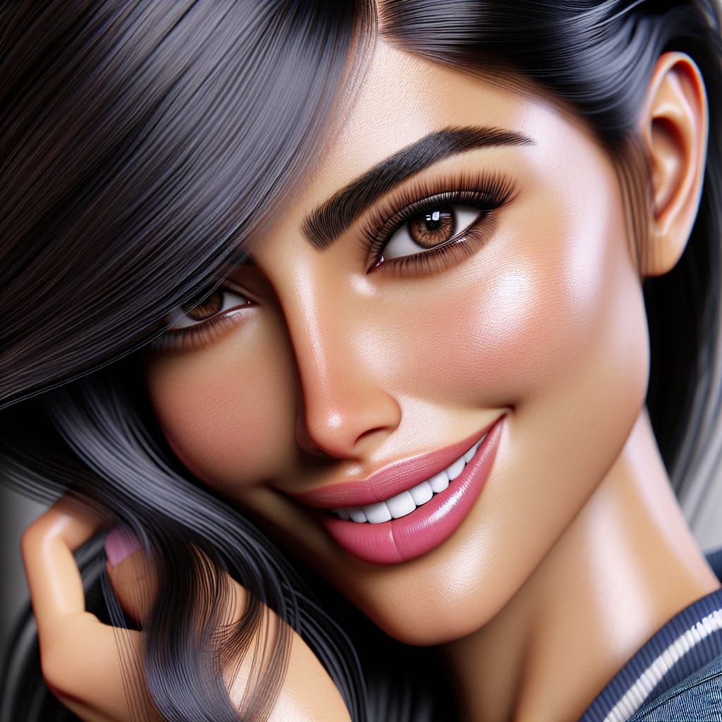 Hyper-realistic stunning woman smiling and tilting her head