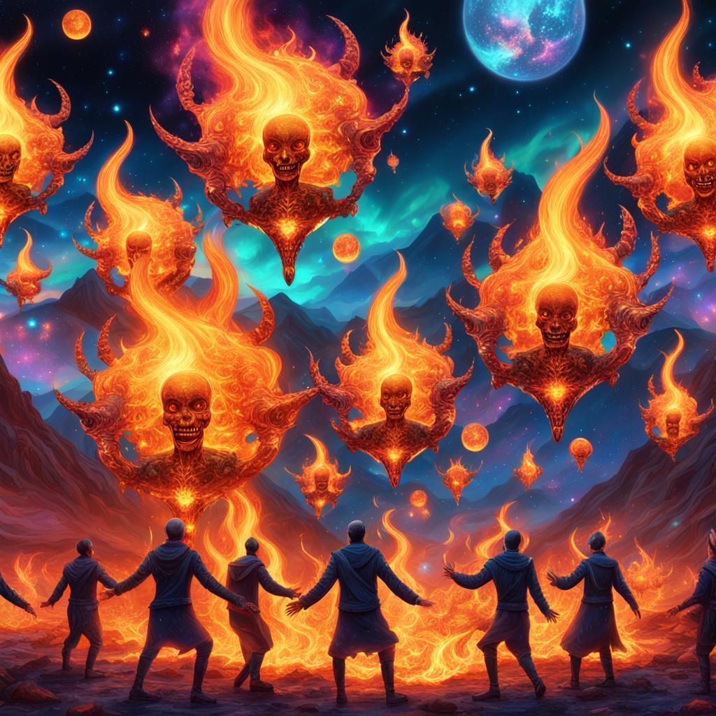 Tiny bald demons dancing in a bonfire with fire flame fractals making ...