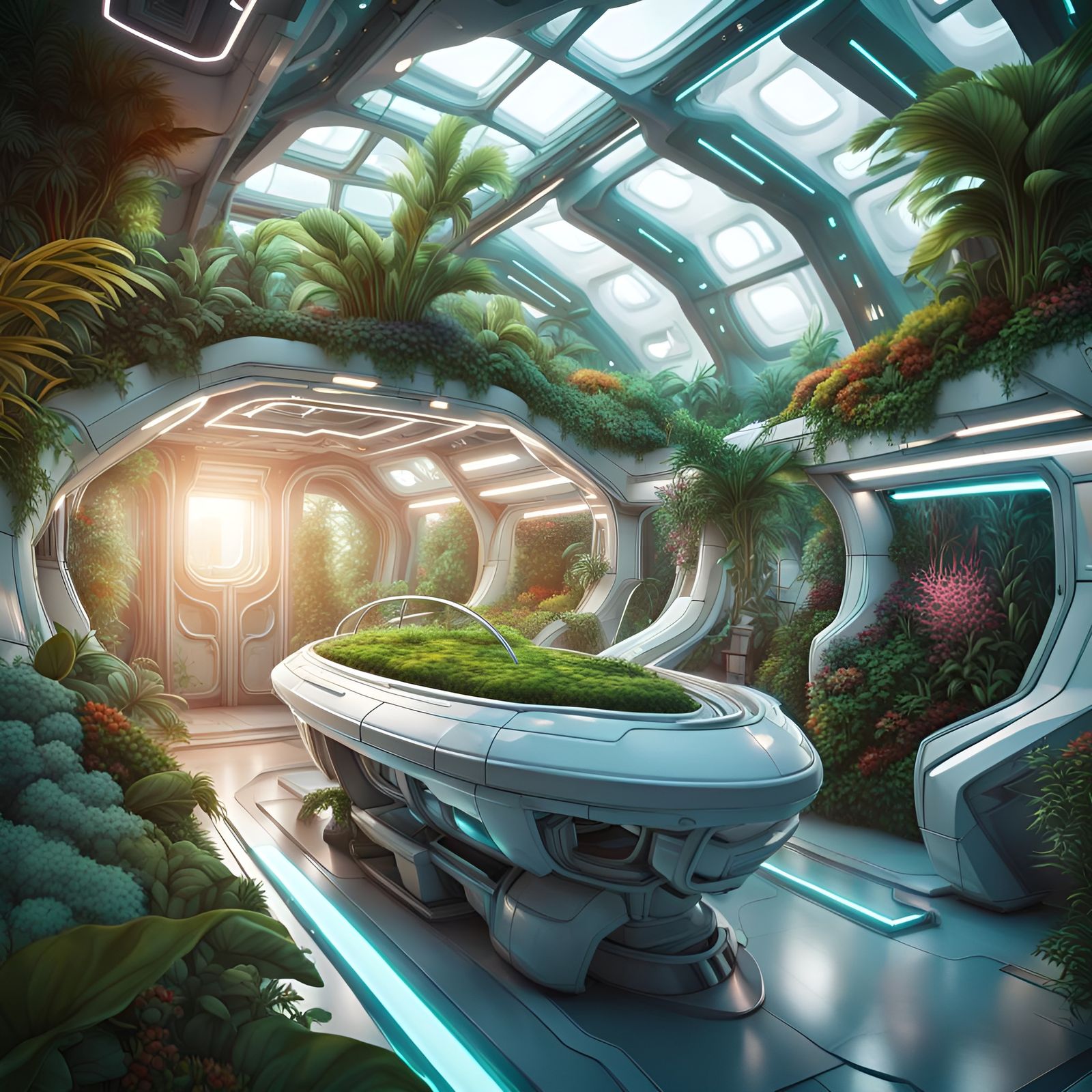 A futuristic spaceship, inside the ship is a botanical garden growing ...