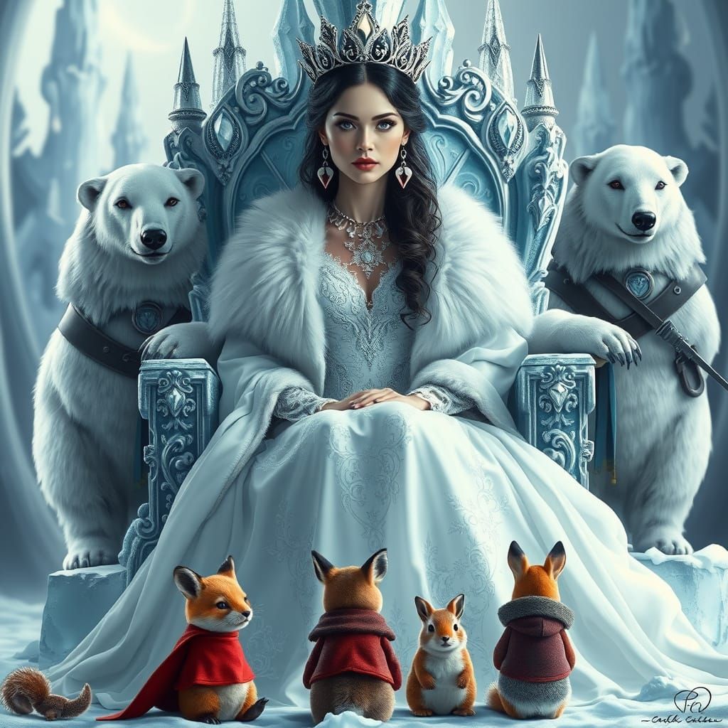 Regal Woman Reigns on Icy Throne with Crystal Crow... - AI Art