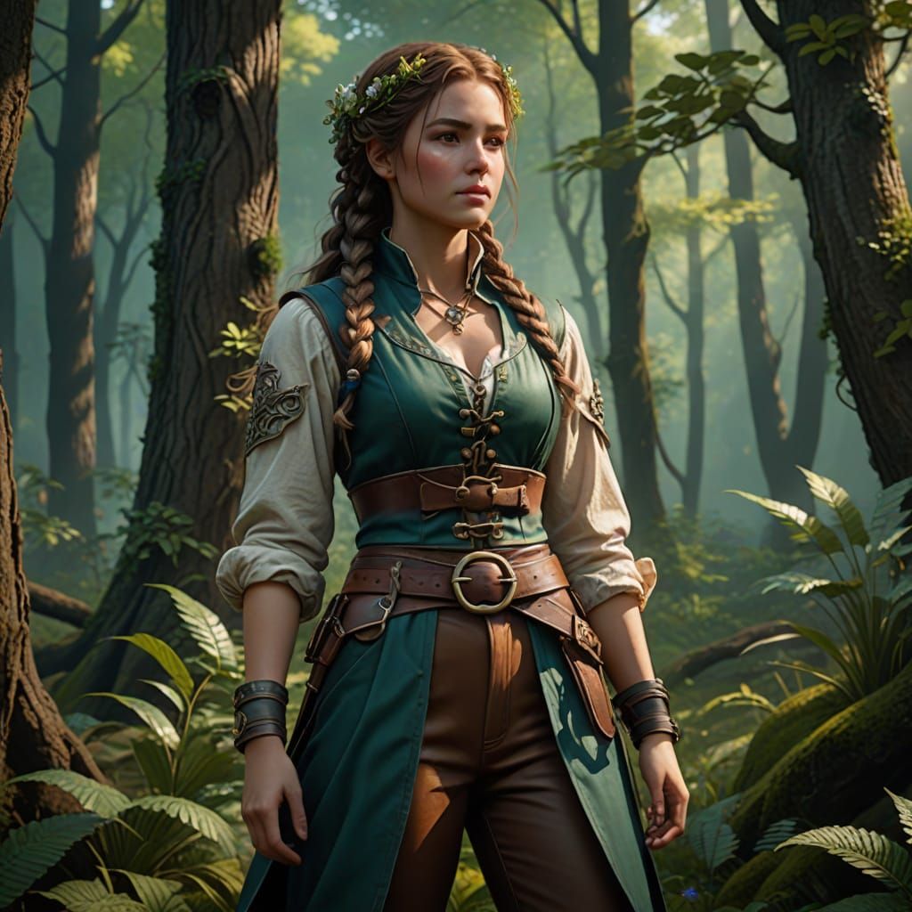 Enchanting Fae Forager in Vibrant Forest Landscape - AI Art