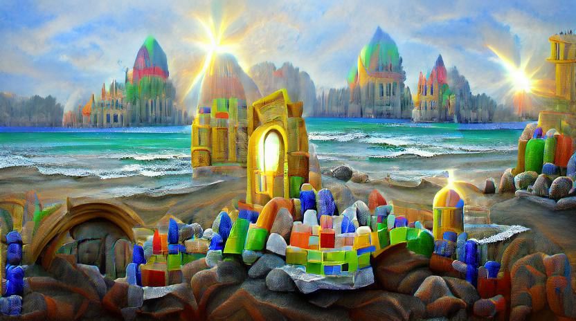 An insanely detailed, giant sandcastle, with extravagant doors and ...