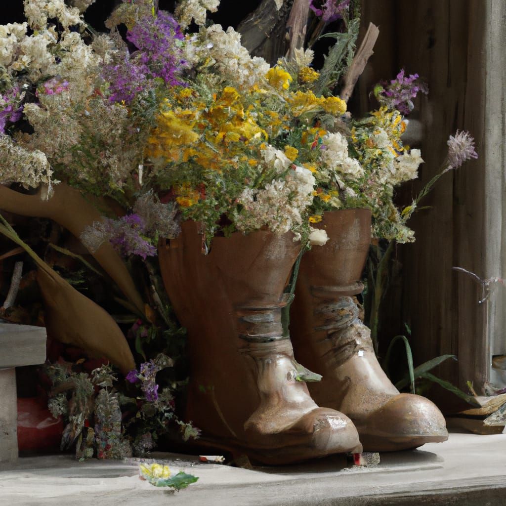 Still Life: Boots with Flowers - AI Generated Artwork - NightCafe Creator