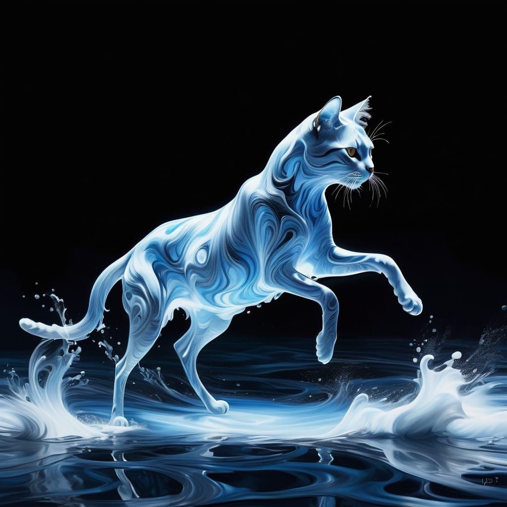 A photo realistic image of a ghostly, shimmering, bioluminescent cat ...
