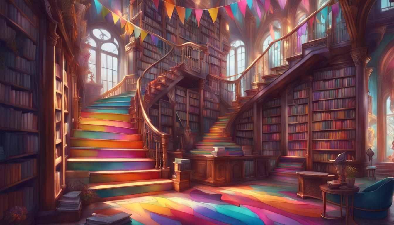 a magical, whimsical library full of thousands of colourful books ...