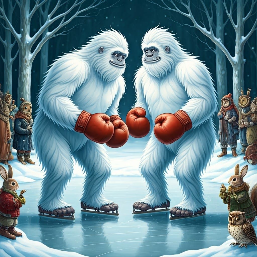 Two snow monsters boxing in and ice rink, woodland creatures as spectators