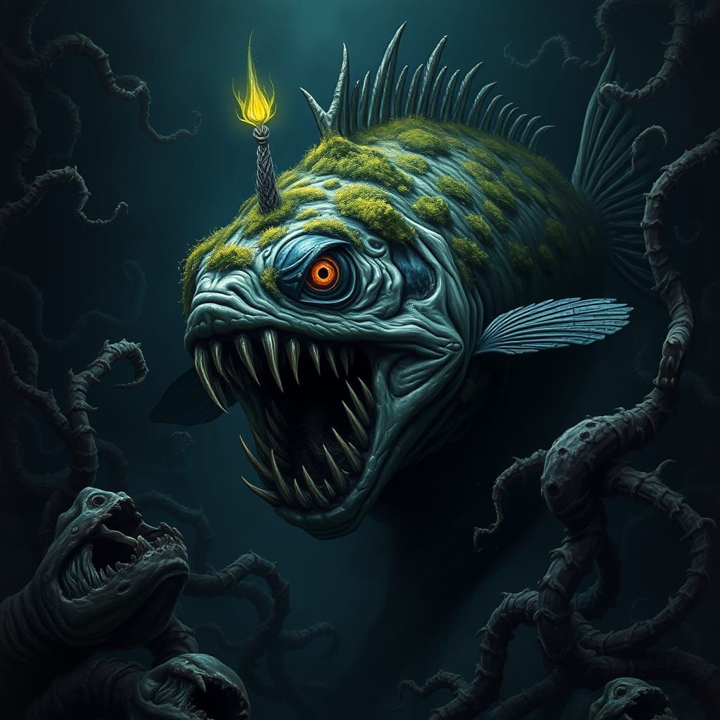 mossy angler fish, deep sea, abyss - Mossy Angler Fish in Da...