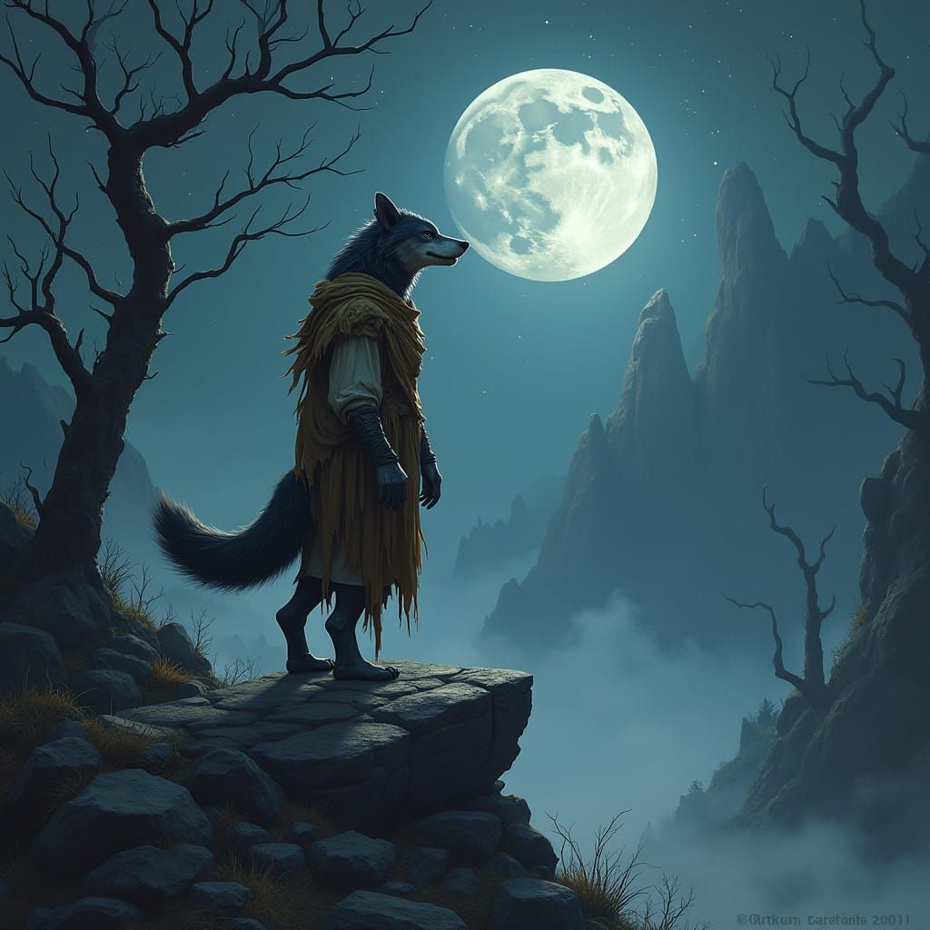 Wolf-Human Figure Howls at Moonlit Wilderness in C... - AI Art