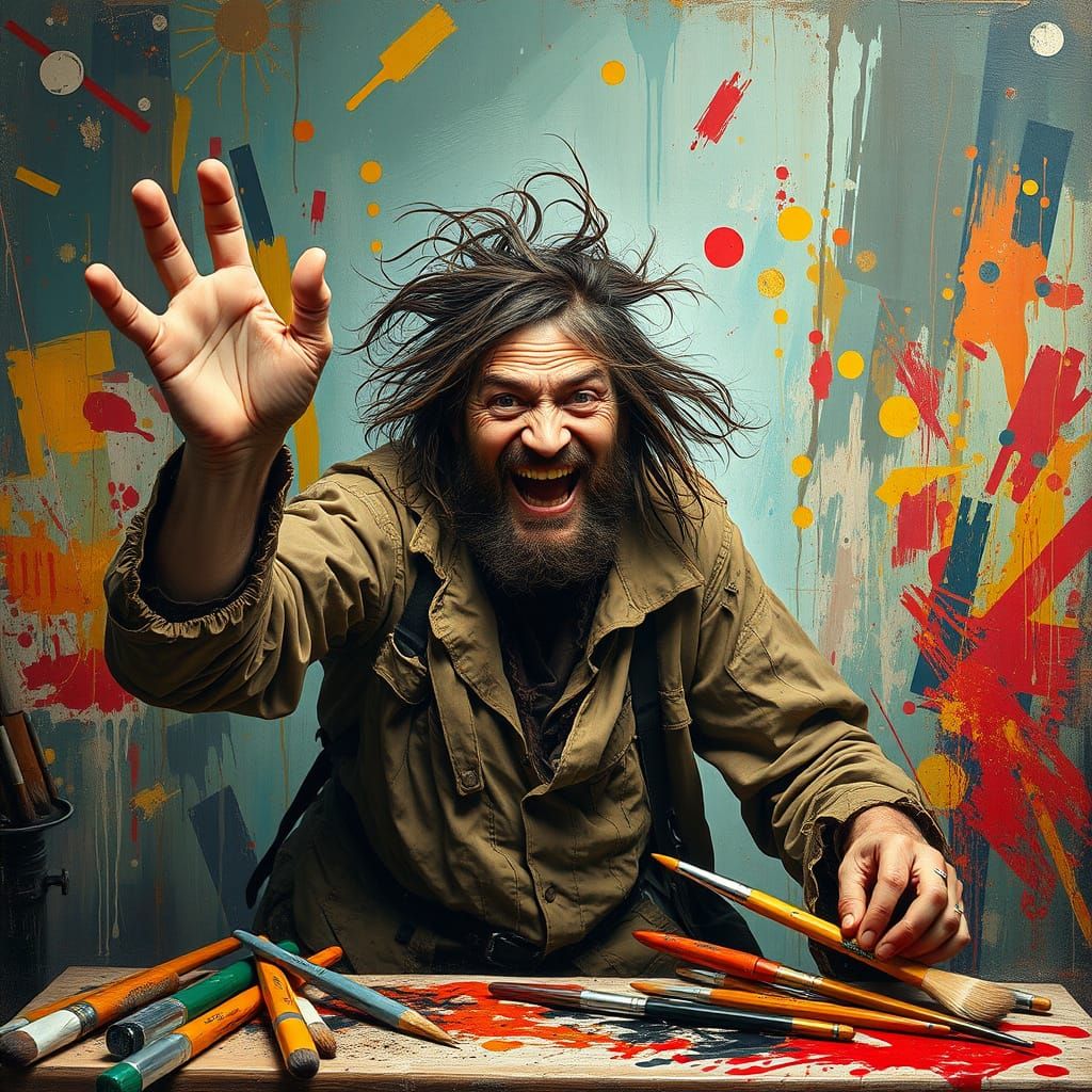 A calm smirk on the madmans face in tattered clothing, surrounded by ...