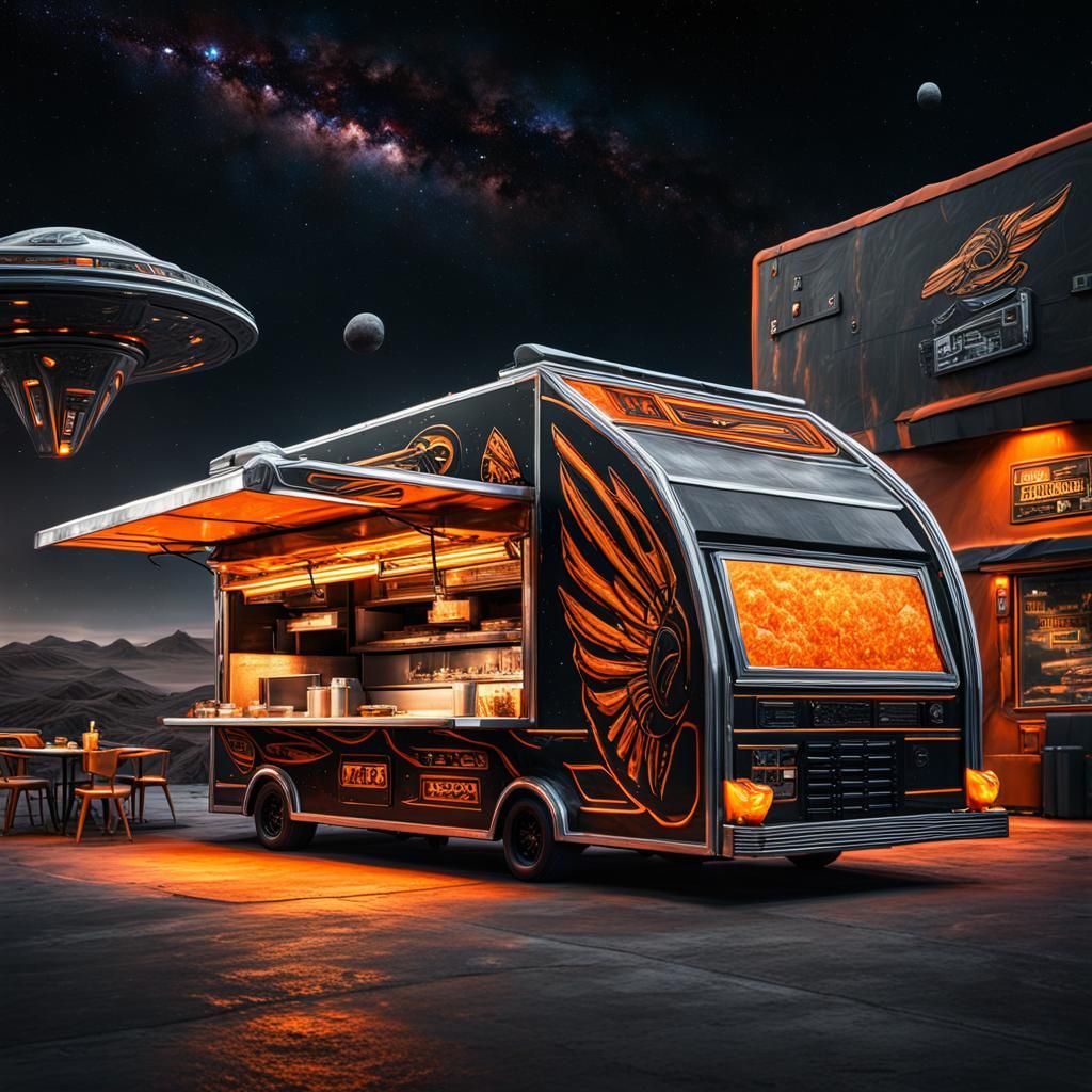 A star fighter Taco food truck that has wings and a sleek W shape frame ...