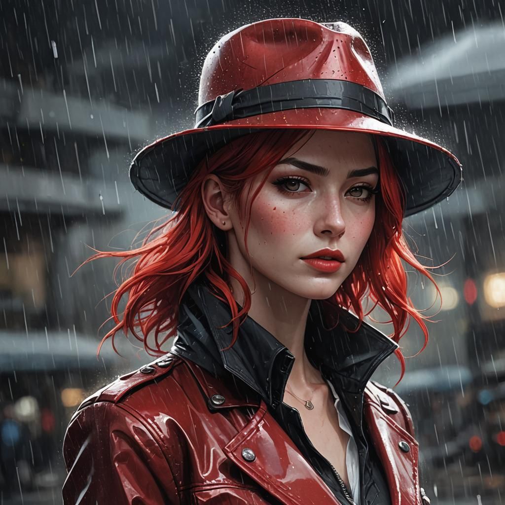 a woman with red lacquer colored hair and hat, dark realism, a young ...