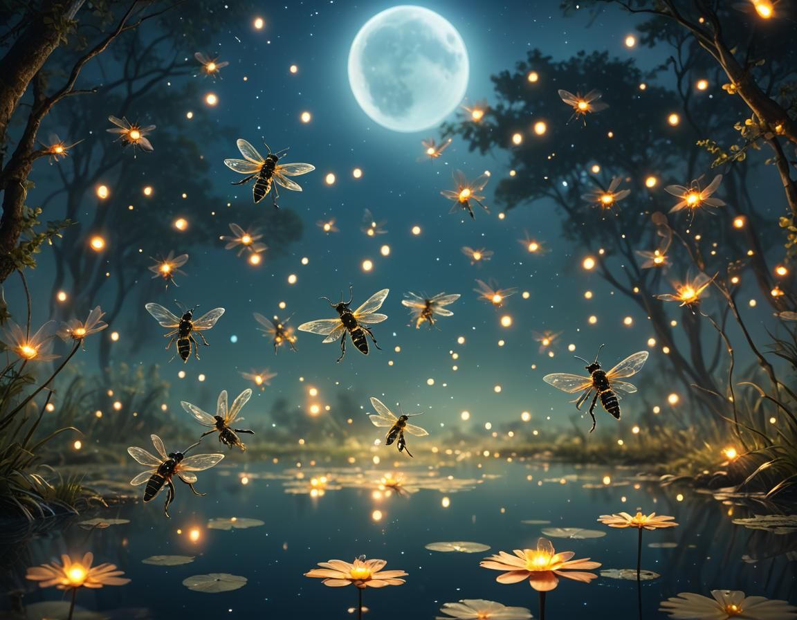 Fireflies dancing over a moonlit pond - AI Generated Artwork ...