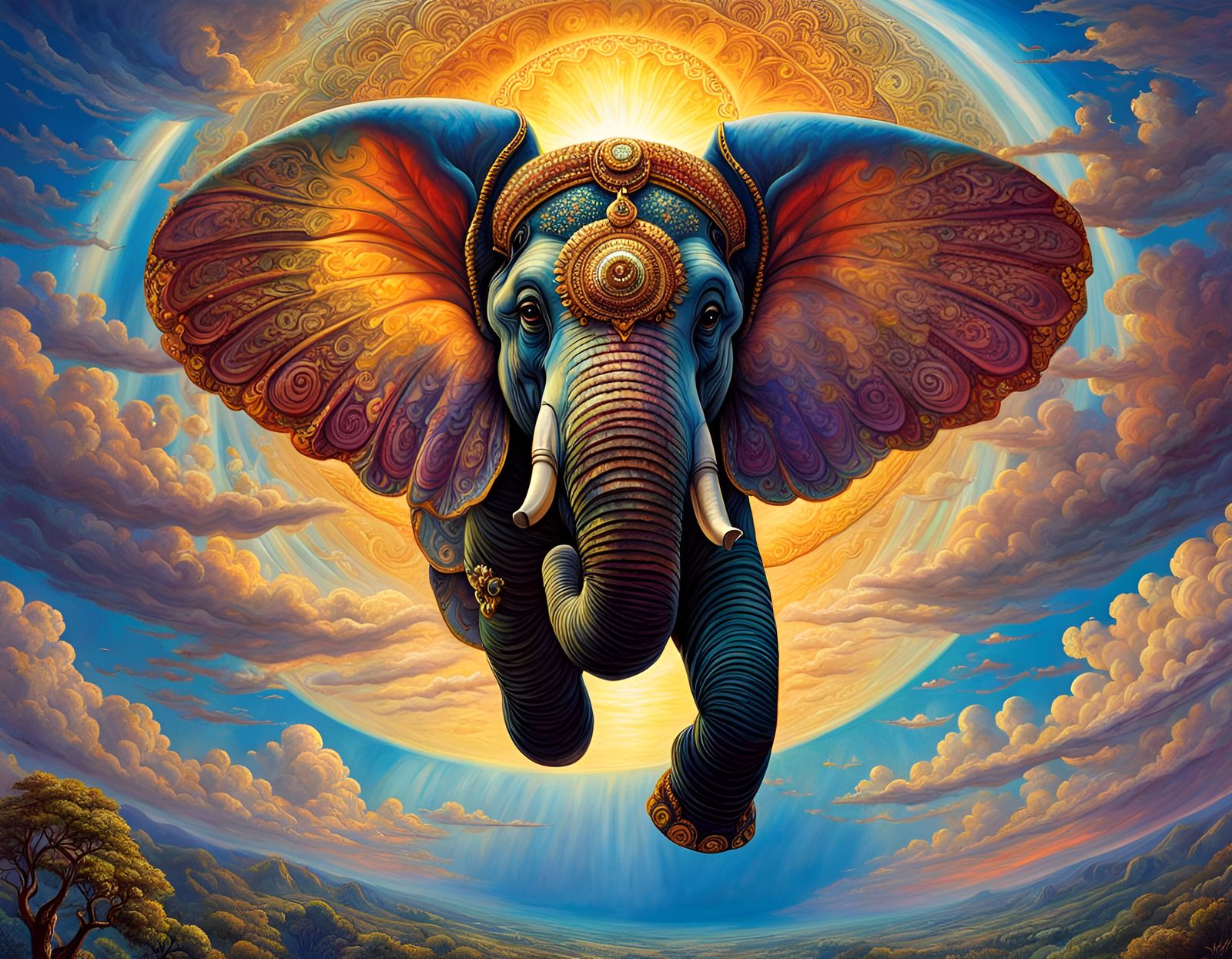 a radiant elephant skydiving, mannerism, Josephine Wall - AI Generated ...