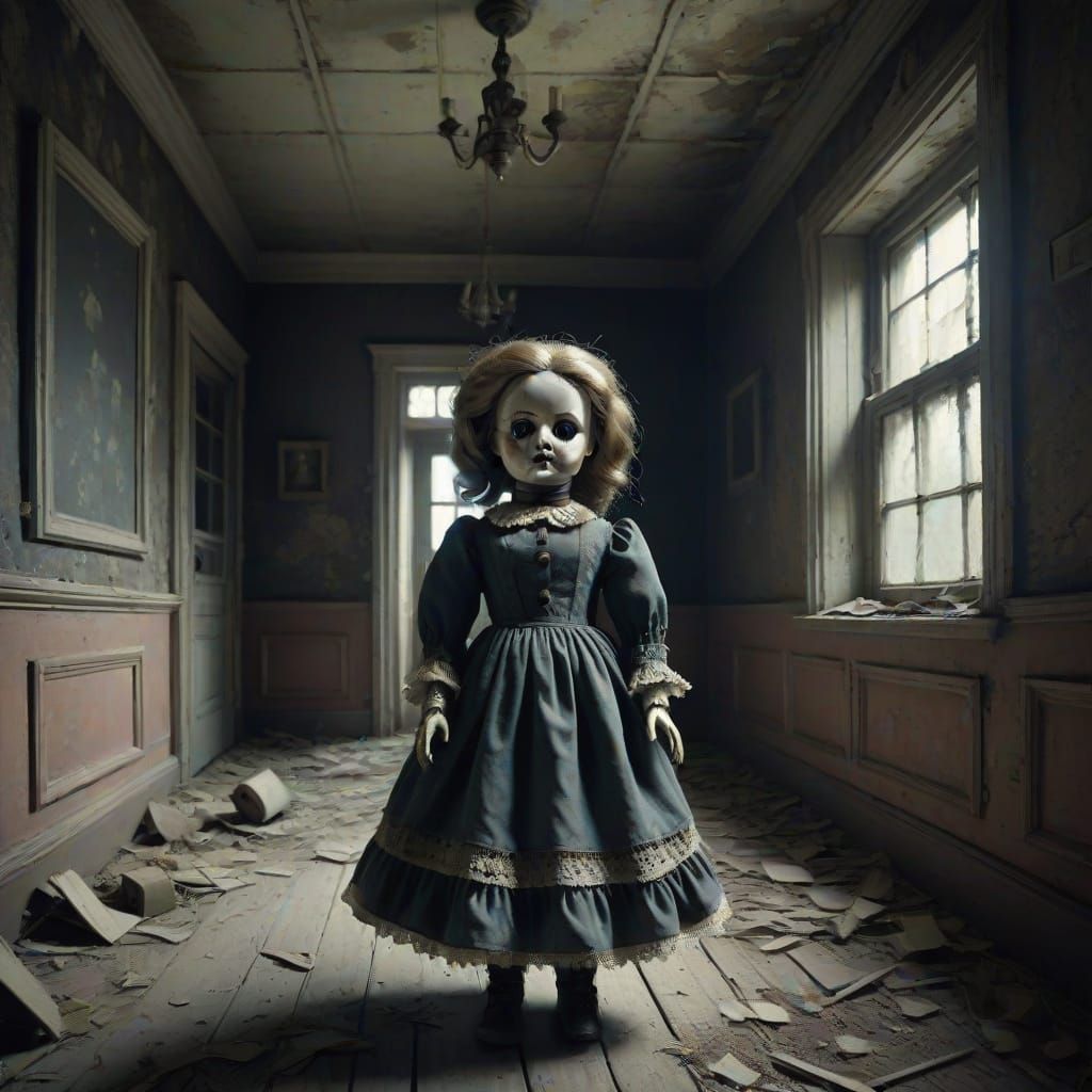 Creepy Victorian doll, empty abandoned house