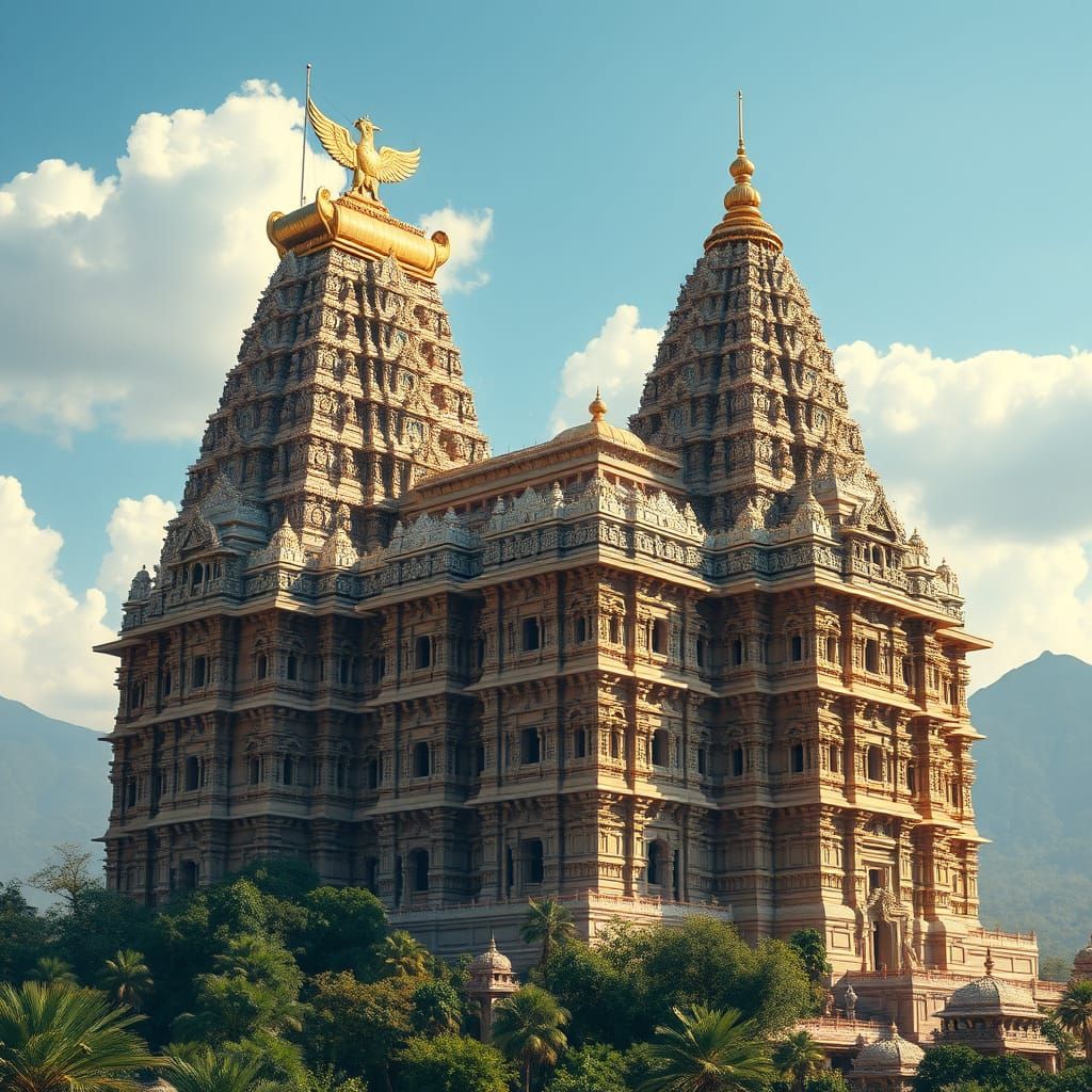 Golden Hindu Temple Cityscape in Intricate Ancient... - AI Art
