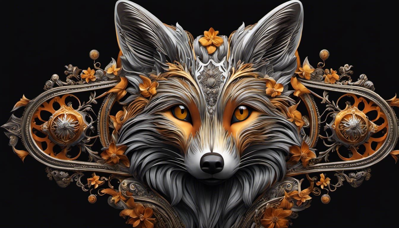 Exploded floral burnt amber and silver adorable chibi fox -2851 ... God ...