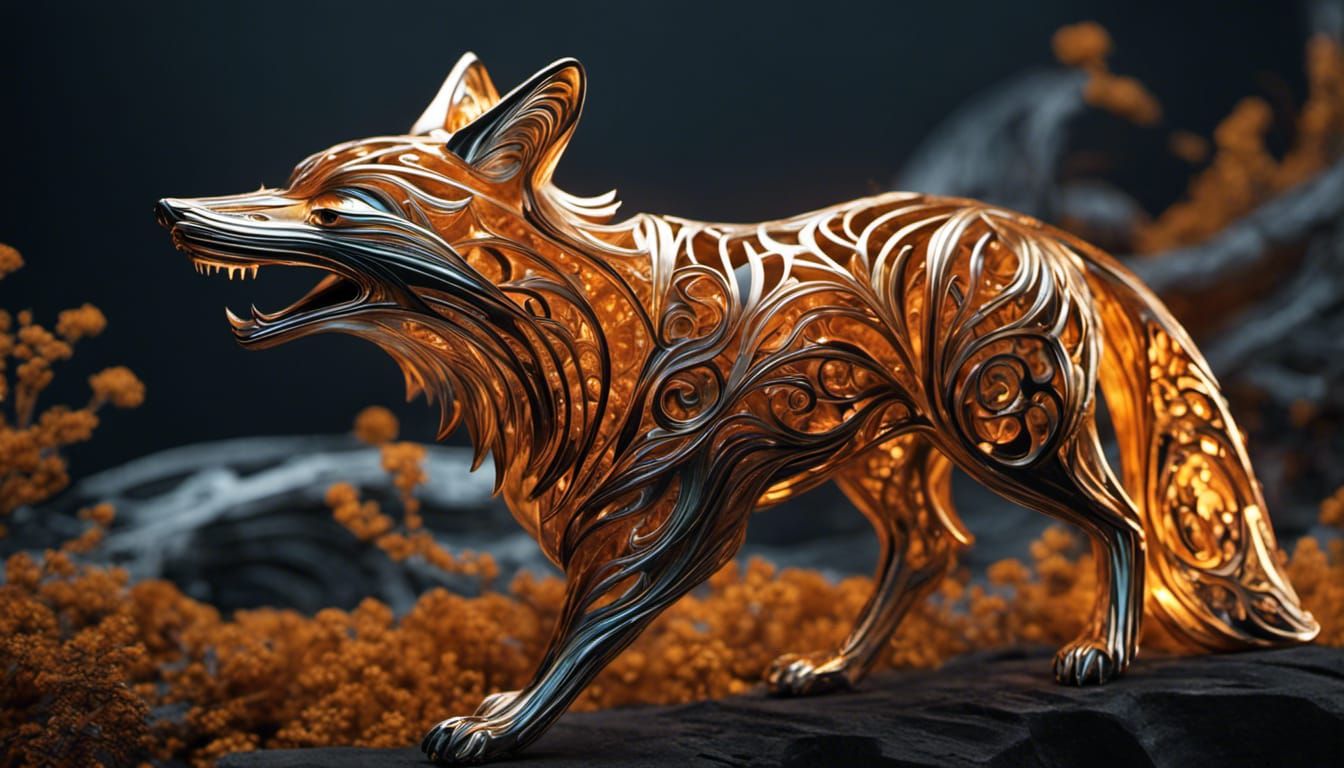 Exploded floral burnt amber and silver adorable chibi fox -3865... God ...