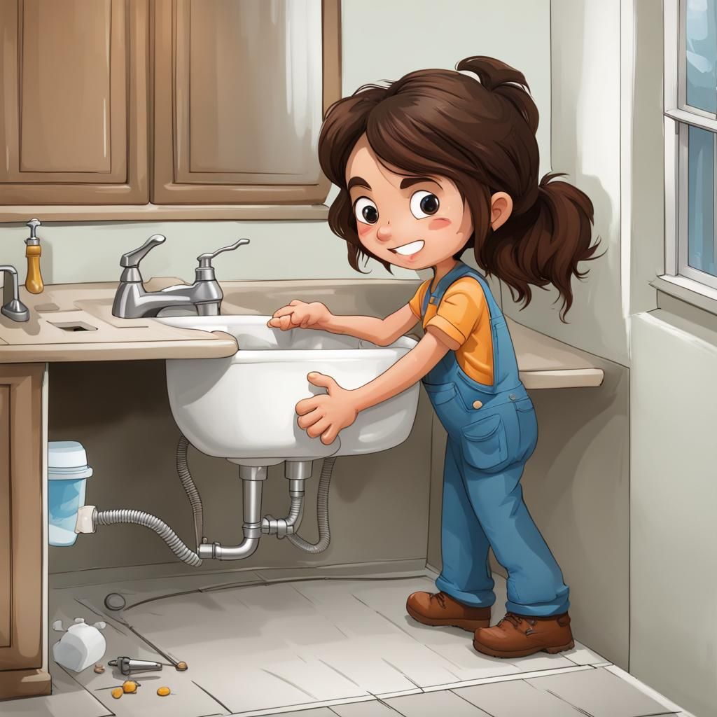 Small brunette trying to fix a clogged sink. - AI Generated Artwork - NightCafe Creator