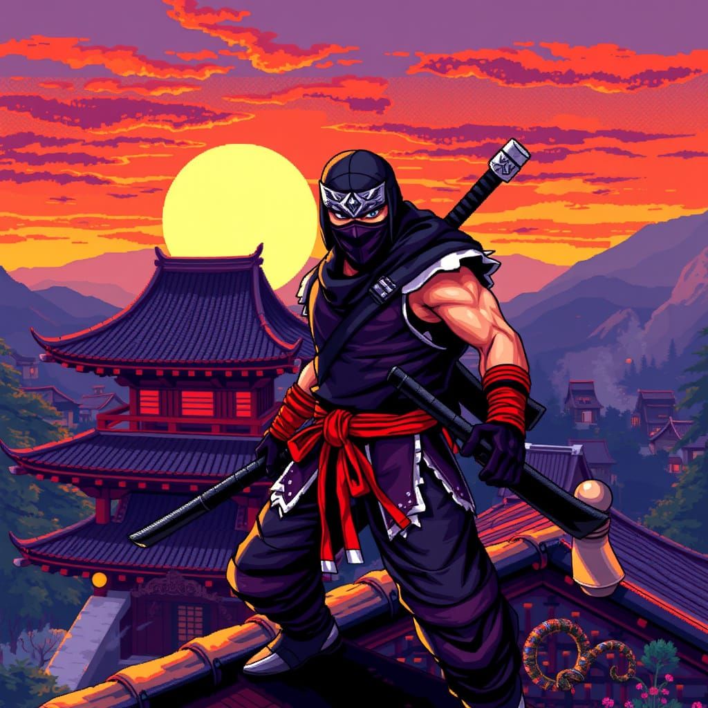 8-Bit Ninja Warrior on Temple Rooftop at Sunset - AI Art
