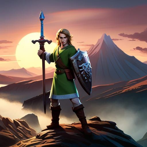 Link holding a sword and shield, wearing mail tunic, on a mountain at ...