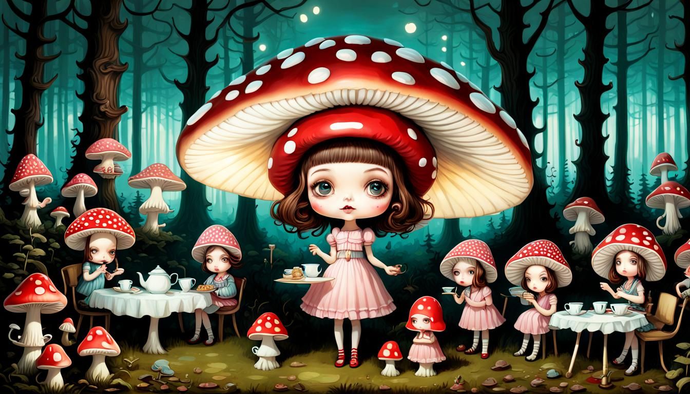 Magic mushroom tea party in the forest at dawn, Mark Ryden style - AI ...