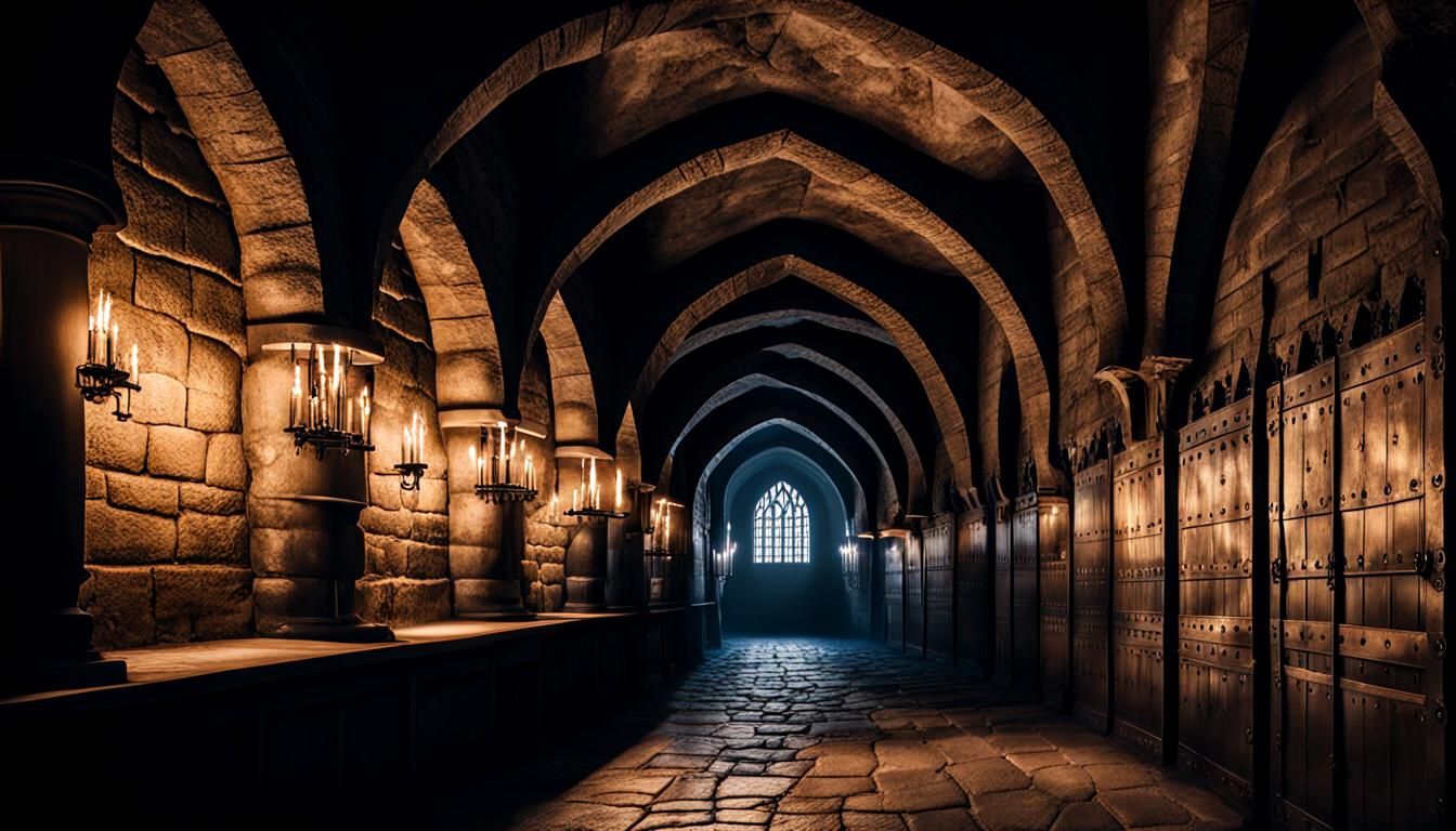 Middle age knight armor on on they wall of dimly lit chambers of ...