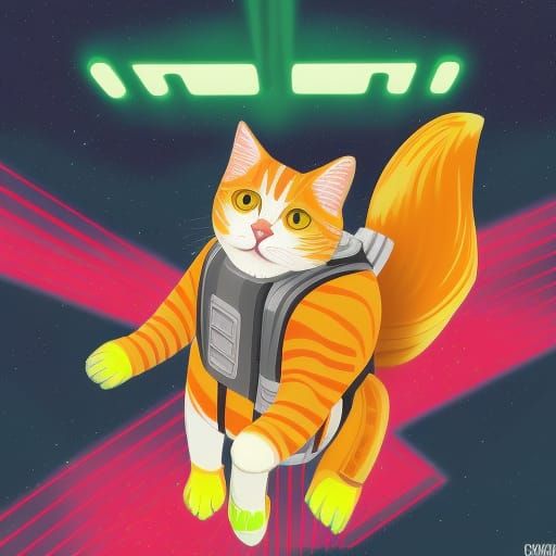 Orange & White Tabby Cat with Yellow Green eyes wearing a jetpack and ...